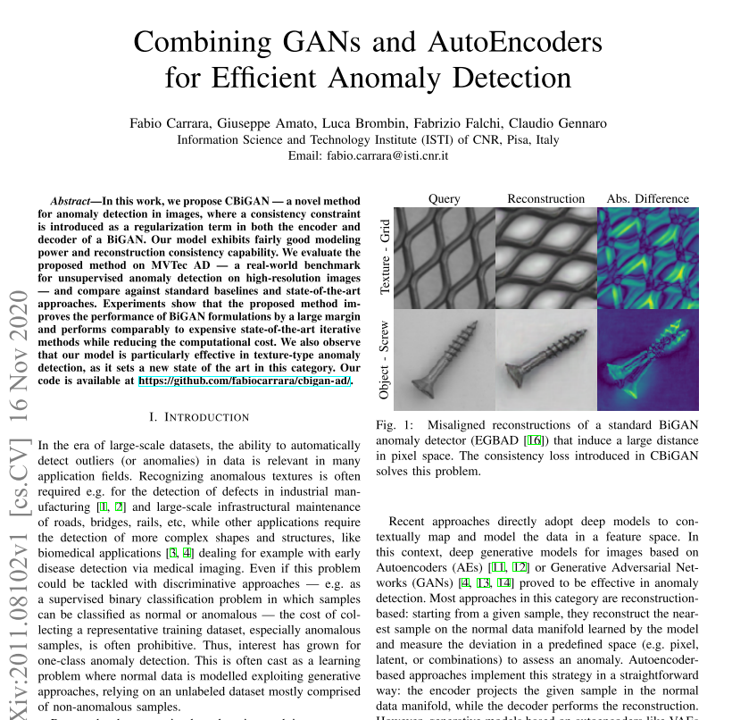 Combining GANs and AutoEncoders for Efficient Anomaly Detection | Nakatsuka Shunsuke