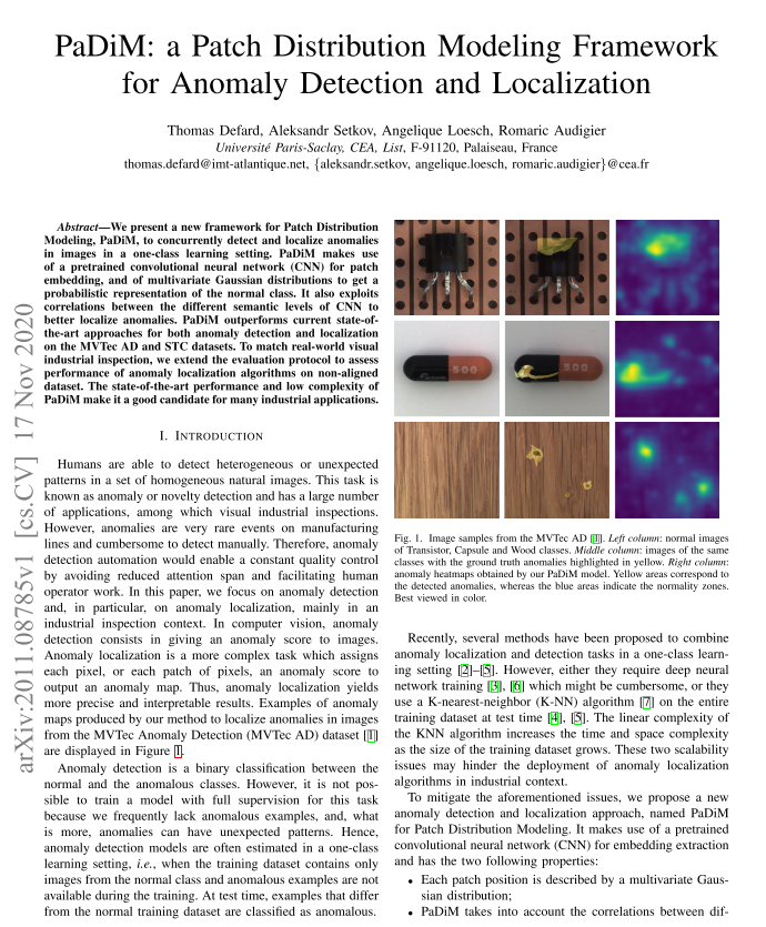 PaDiM: a Patch Distribution Modeling Framework for Anomaly Detection and Localization ...